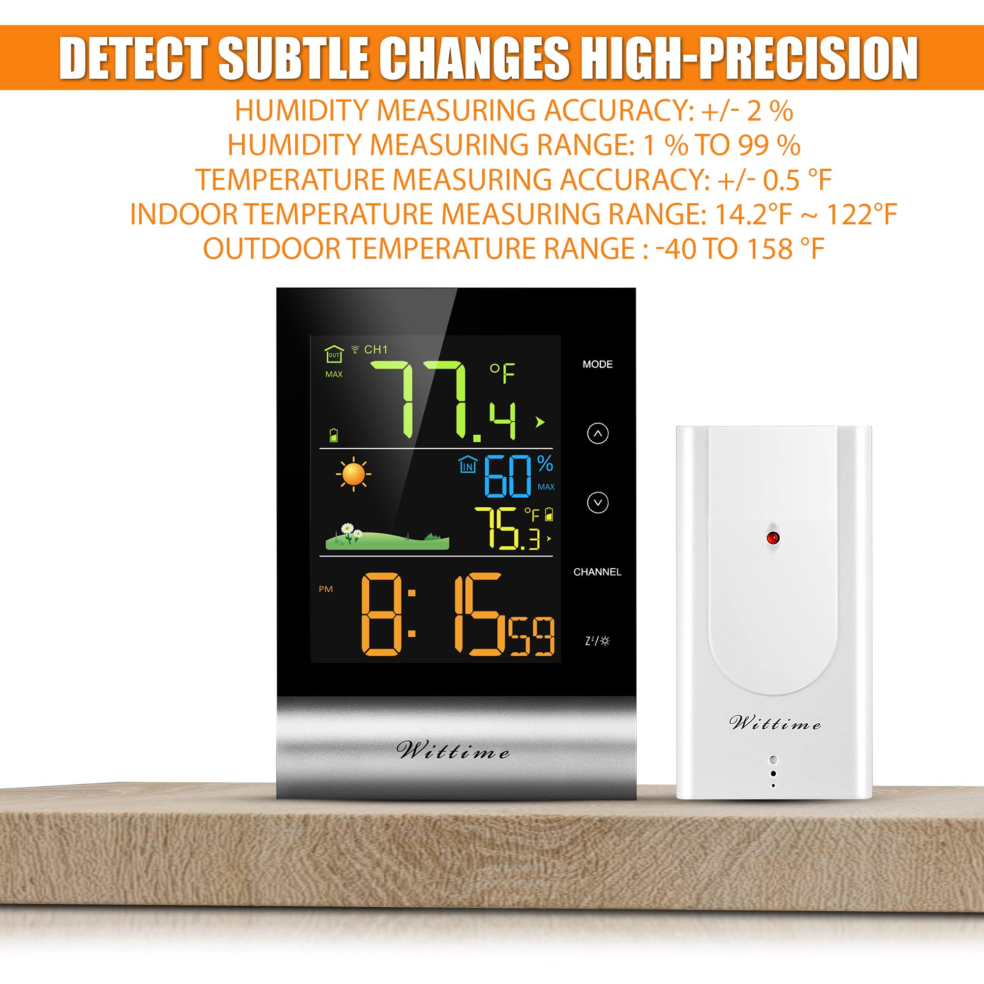 Wittime 2079 Indoor Outdoor Thermometer Wireless Temperature and Humidity Monitor Inside Outside Thermometer for Home with Temp Sensor,hd lcd