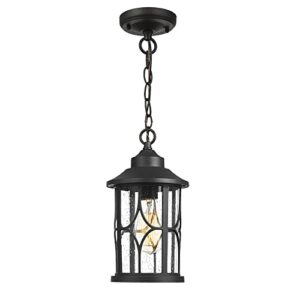 zeyu outdoor pendant light for porch - 12 inch farmhouse exterior hanging lantern with seeded glass, black finish, zx48h bk