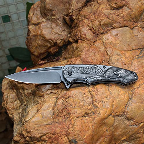 Polar Bear Handle, Survival Pocket Knife, Stonwash