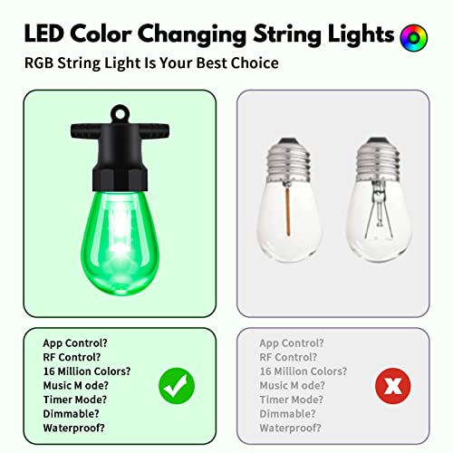 Outdoor String Lights Color Changing - 48FT Sync with Music Led Patio Lights Outdoor Waterproof with App and Remote Hanging 15 RGB Bulb Create Ambience for Garden, Cafe, Backyard, Christmas, Party