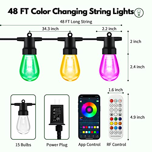 Outdoor String Lights Color Changing - 48FT Sync with Music Led Patio Lights Outdoor Waterproof with App and Remote Hanging 15 RGB Bulb Create Ambience for Garden, Cafe, Backyard, Christmas, Party