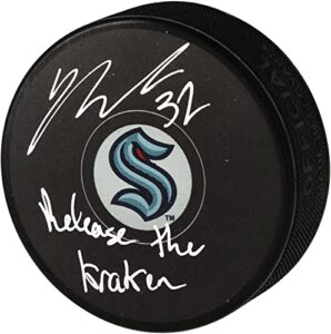 yanni gourde seattle kraken autographed hockey puck with "release the kraken" inscription - autographed nhl pucks