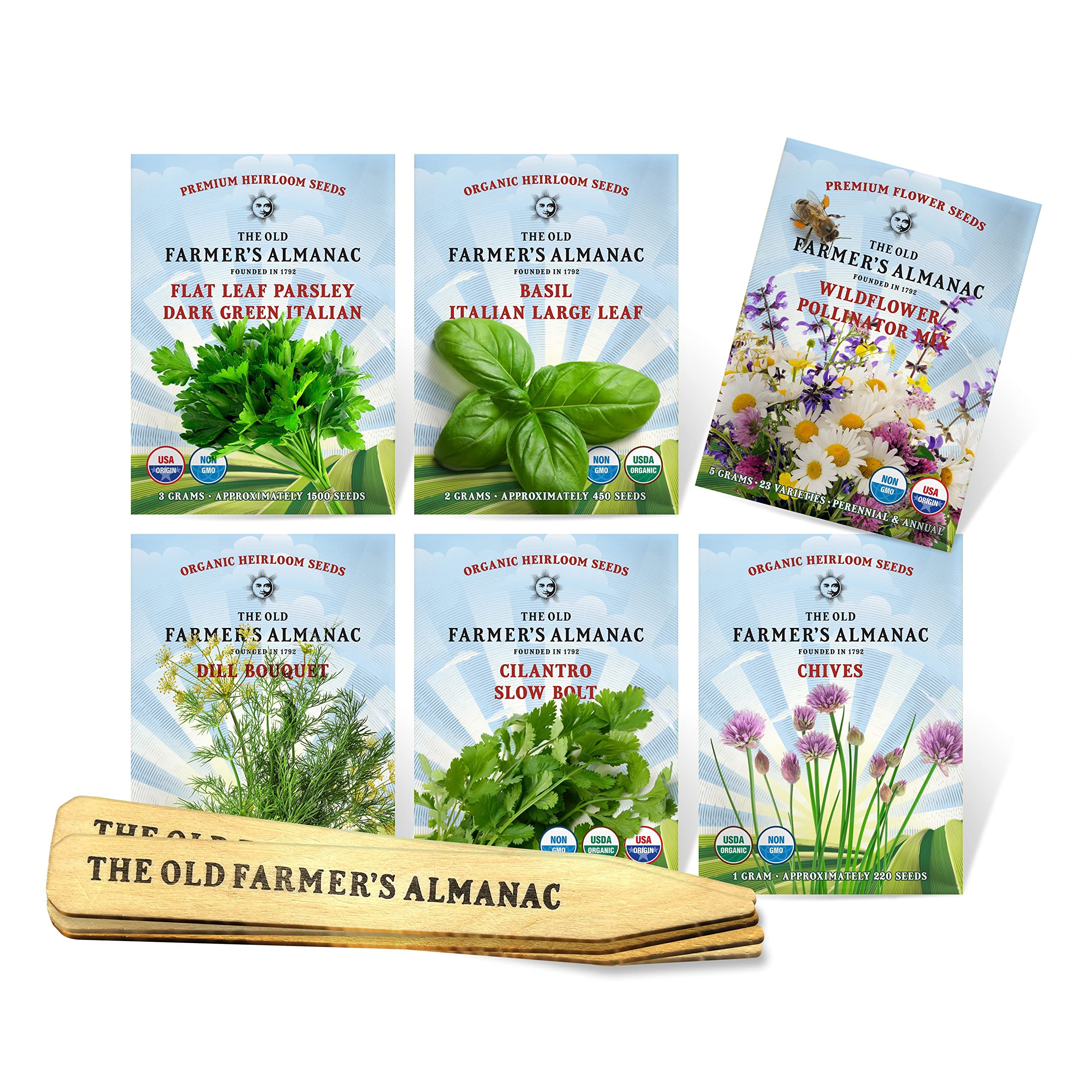 The Old Farmer's Almanac Herb Garden Starter Kit - 6 Seed Packets (Over 3000 Seeds) with Wooden Plant Markers - Non-GMO, Open Pollinated, Heirloom Seeds