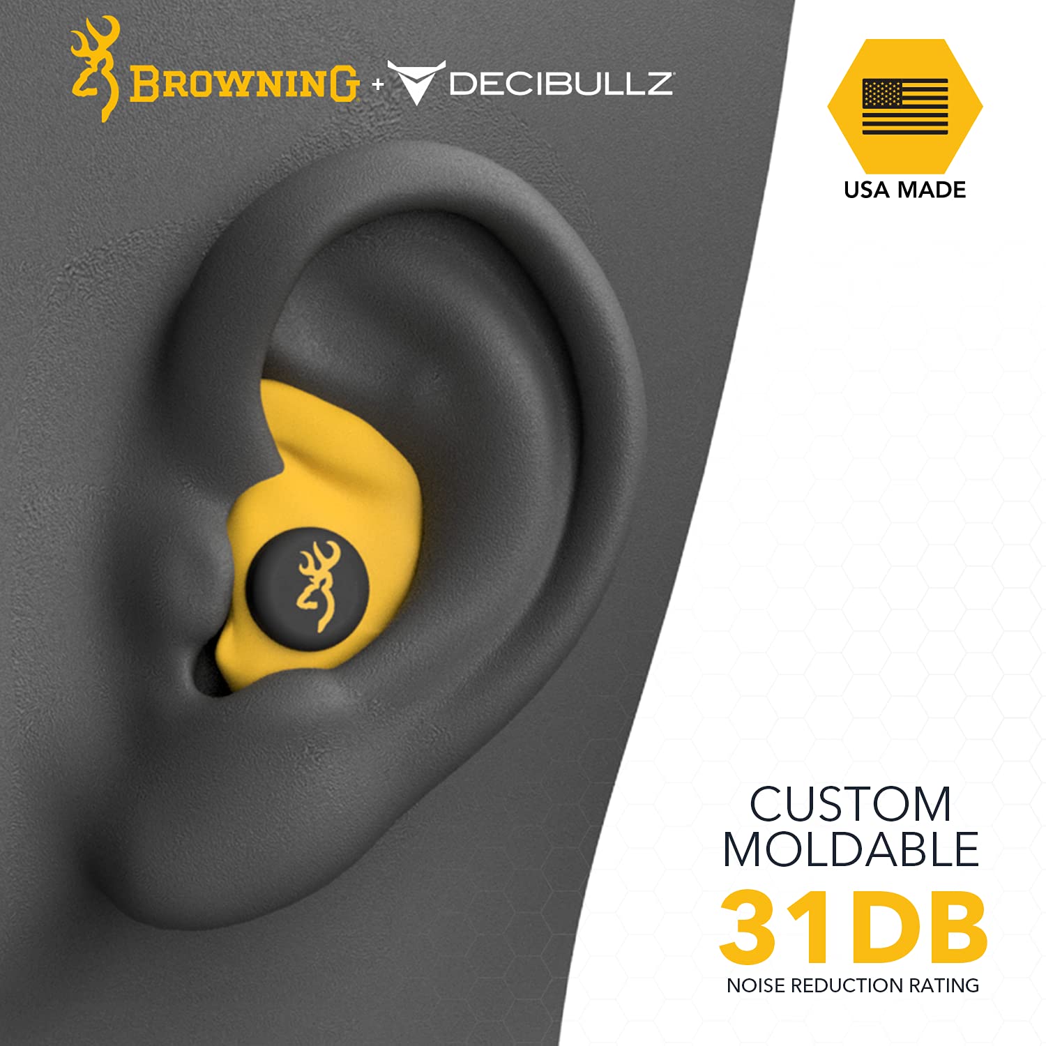 Browning Hearing Protection for Shooting by Decibullz Custom-Molded Earplugs, 31-Decibel Noise Reduction Rating (NRR), Includes Lanyard and Travel Case