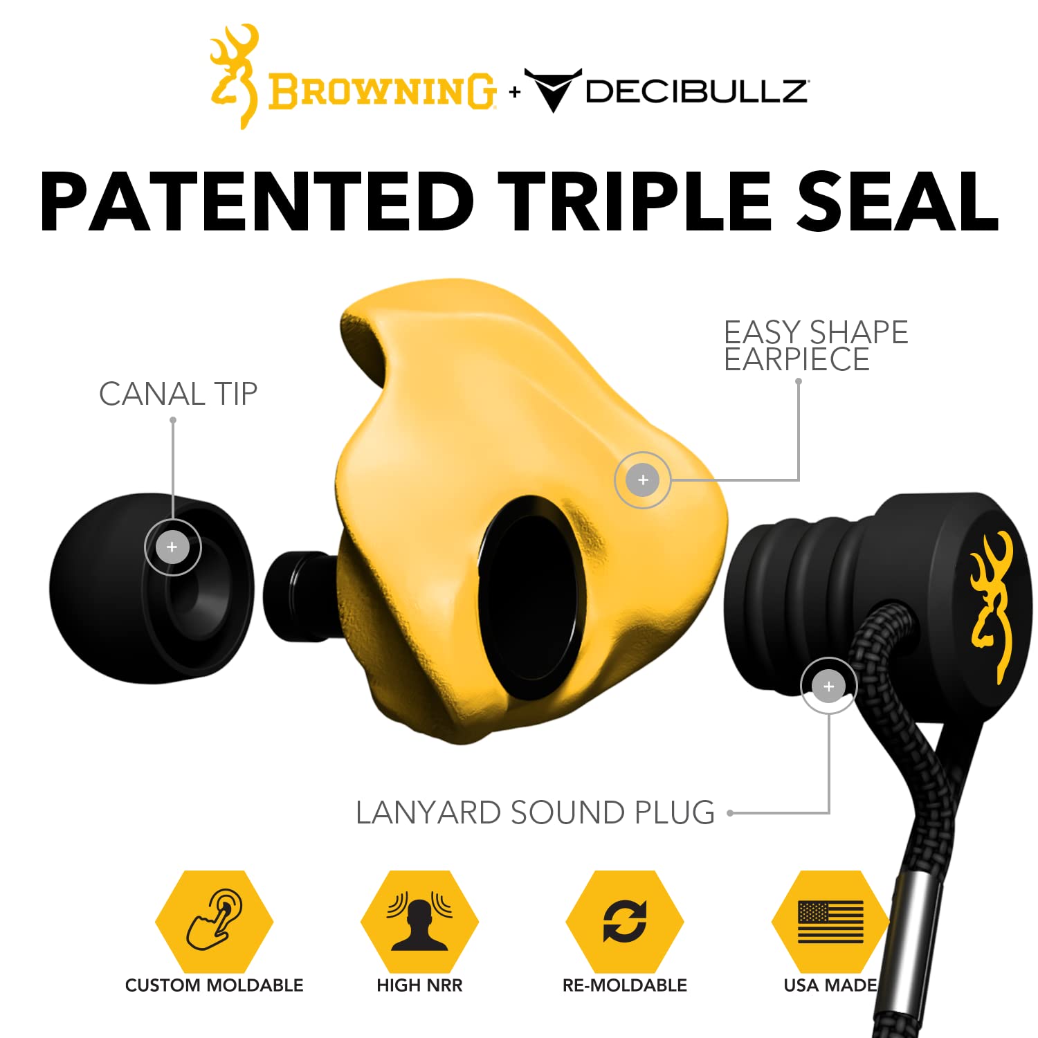 Browning Hearing Protection for Shooting by Decibullz Custom-Molded Earplugs, 31-Decibel Noise Reduction Rating (NRR), Includes Lanyard and Travel Case