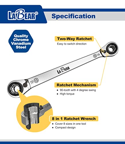 LABEAR - SAE 8 in 1 Speed wrench, 8 in 1 Double End Reversible Combination Wrench, Ratcheting Wrench, 5/16",3/8",7/16",1/2",9/16",5/8",11/16",3/4"