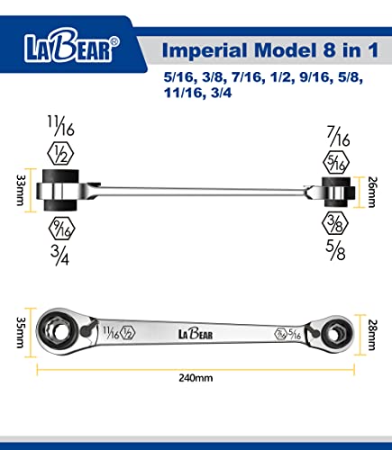 LABEAR - SAE 8 in 1 Speed wrench, 8 in 1 Double End Reversible Combination Wrench, Ratcheting Wrench, 5/16",3/8",7/16",1/2",9/16",5/8",11/16",3/4"