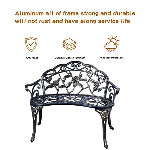 JARDIN DE CENTENNIAL Patio Garden Bench Metal Park Bench Cast Aluminum Outdoor Furniture with Floral Rose for Patio,Park,Lawn,Yard (Copper)