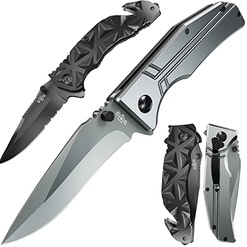 Bundle of 2 Items- Black Pocket Knife - Serrated Sharp 3,5" Blade Folding Knives - Folding Knife - Good for Camping Indoor and Outdoor Activities - Best Gift Idea