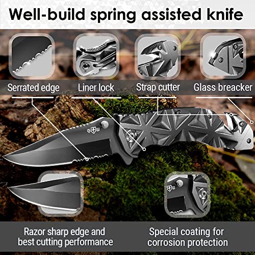 Bundle of 2 Items- Black Pocket Knife - Serrated Sharp 3,5" Blade Folding Knives - Folding Knife - Good for Camping Indoor and Outdoor Activities - Best Gift Idea