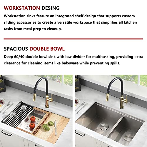 33 Inch Underomount Workstation Ledge Kitchen Sink - Abironl 33 Inch Undermount Kitchen sink 16 Gauge Ledge Workstation Stainless Steel 60/40 Double Bowl Undermount Kitchen Sink