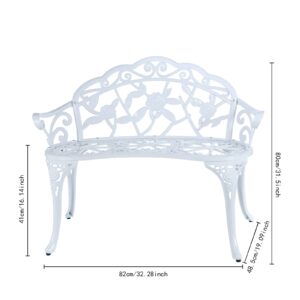 JARDIN DE CENTENNIAL Patio Garden Bench Metal Park Bench Cast Aluminum Outdoor Furniture with Floral Rose for Patio,Park,Lawn,Yard (White)