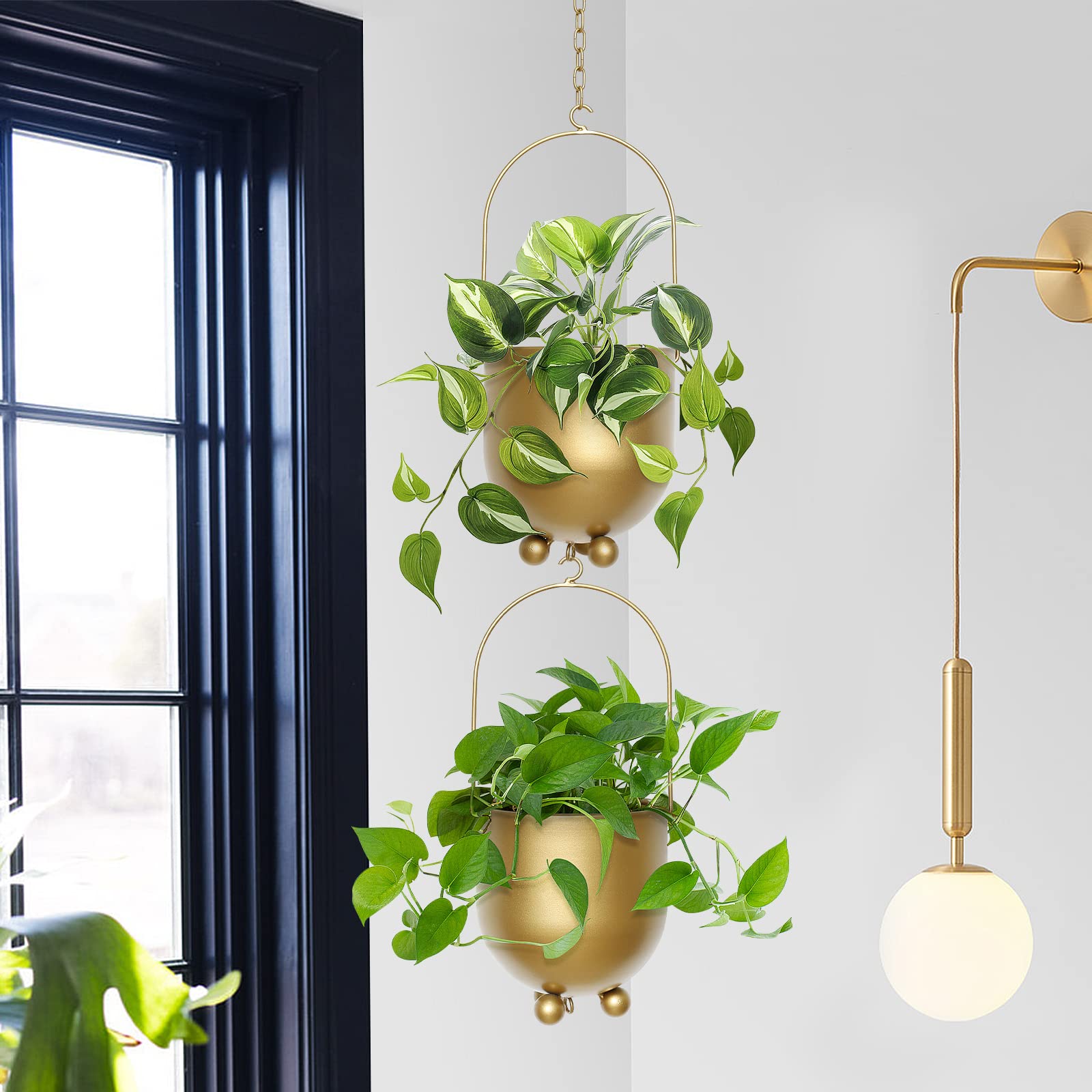 AceList Boho Gold Metal Hanging Planters, Set of 2 with Hooks & Chains - Versatile Wall & Ceiling Plant Hangers for Indoor/Outdoor Décor