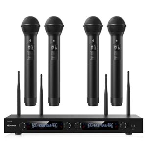 donner wireless microphone system, uhf wireless microphone set with 4 handheld dynamic microphones, adjustable frequency, 328 ft long range, perfect for party/wedding/speech/church/stage/karaoke/dj