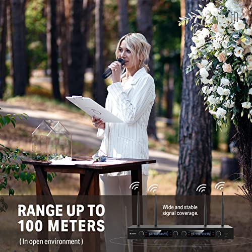 Donner Wireless Microphone System, UHF Wireless Microphone Set with 4 Handheld Dynamic Microphones, Adjustable Frequency, 328 ft Long Range, Perfect for Party/Wedding/Speech/Church/Stage/Karaoke/DJ