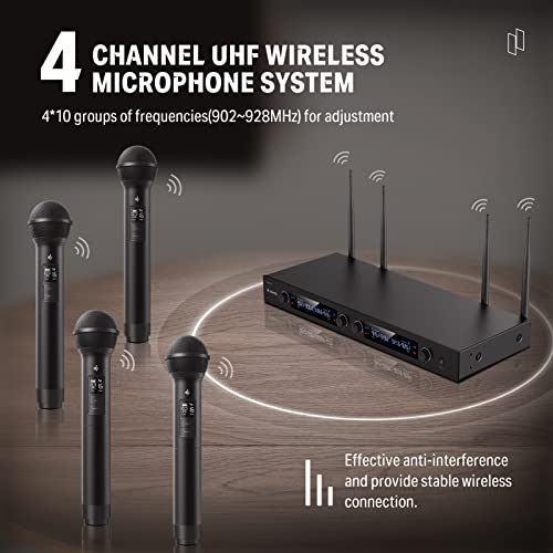 Donner Wireless Microphone System, UHF Wireless Microphone Set with 4 Handheld Dynamic Microphones, Adjustable Frequency, 328 ft Long Range, Perfect for Party/Wedding/Speech/Church/Stage/Karaoke/DJ