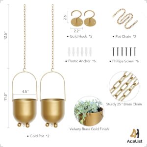 AceList Boho Gold Metal Hanging Planters, Set of 2 with Hooks & Chains - Versatile Wall & Ceiling Plant Hangers for Indoor/Outdoor Décor