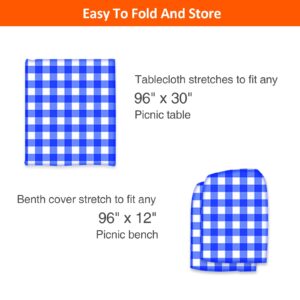 KENOBEE 8ft Picnic Table and Bench Fitted Tablecloth Cover, 96"x30" Flannel Backing Elastic Edge Waterproof Wipeable Plastic Cover Vinyl Tablecloth for Home Goods Indoor Outdoor Patio, Blue-White