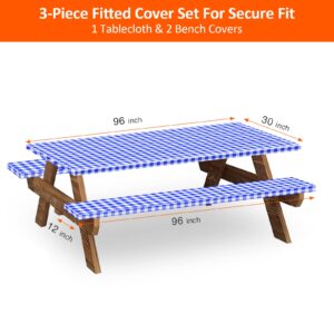 KENOBEE 8ft Picnic Table and Bench Fitted Tablecloth Cover, 96"x30" Flannel Backing Elastic Edge Waterproof Wipeable Plastic Cover Vinyl Tablecloth for Home Goods Indoor Outdoor Patio, Blue-White