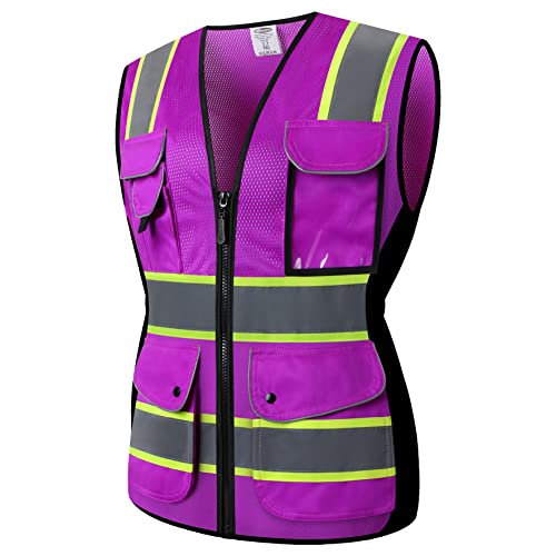 JKSafety 9 Pockets Women Hi-Vis Reflective Safety Vest | Mesh Neon Purple | Reflective Strips with Yellow Extended Trims | ANSI Compliant (168-Purple, L)