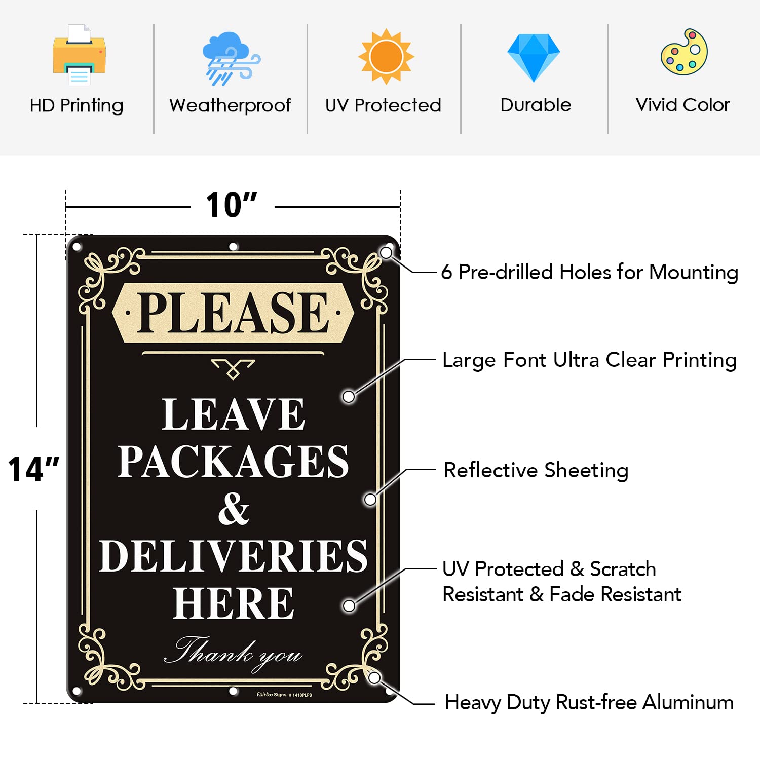 Faittoo Please Leave Packages and Deliveries Here Sign, 14 x 10 Inch Reflective Aluminum Sign, UV Protected and Weatherproof, Durable Ink, Easy to Install and Read, Indoor/ Outdoors Use