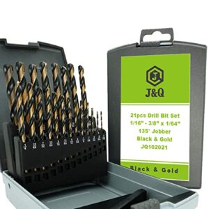 j&q 21 pcs m2 hss jobber drill bit set, heavy duty drill bits set for metal with black and gold, wood and plastic (1/16",3/8"x1/64”)