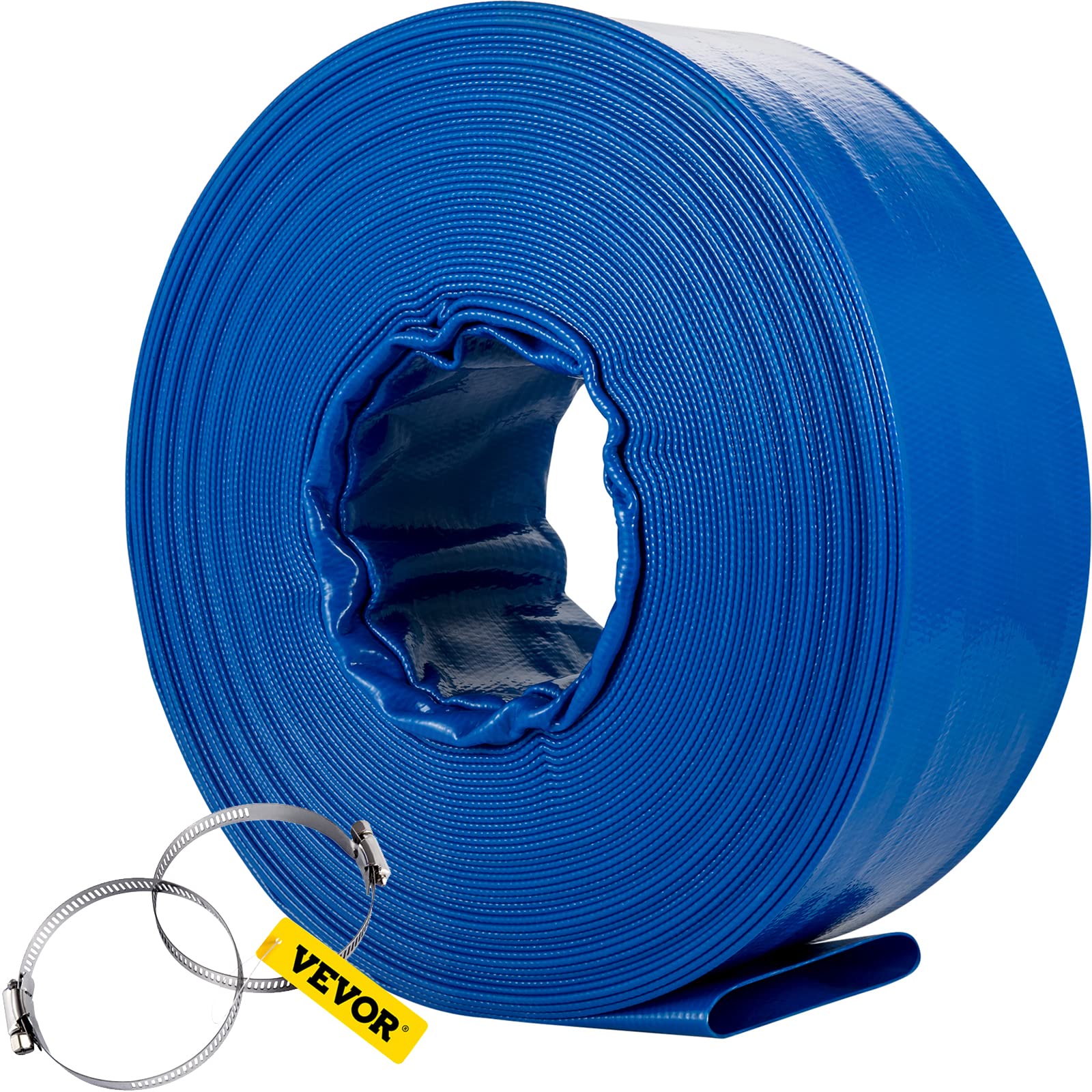 VEVOR Discharge Hose, 3" x 105', PVC Lay Flat Hose, Heavy Duty Backwash Drain Hose with Clamps, Weather-proof & Burst-proof, Ideal for Swimming Pool & Water Transfer, Blue