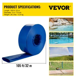 VEVOR Discharge Hose, 3" x 105', PVC Lay Flat Hose, Heavy Duty Backwash Drain Hose with Clamps, Weather-proof & Burst-proof, Ideal for Swimming Pool & Water Transfer, Blue