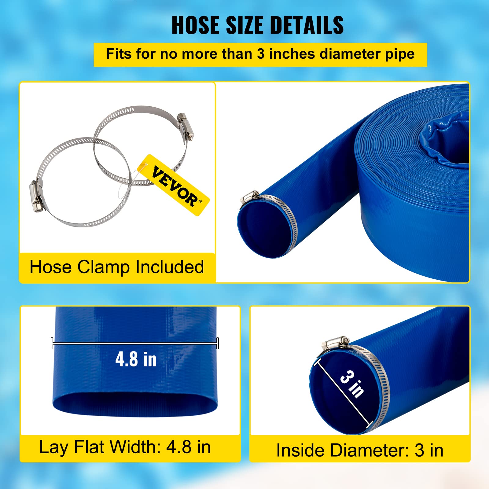 VEVOR Discharge Hose, 3" x 105', PVC Lay Flat Hose, Heavy Duty Backwash Drain Hose with Clamps, Weather-proof & Burst-proof, Ideal for Swimming Pool & Water Transfer, Blue