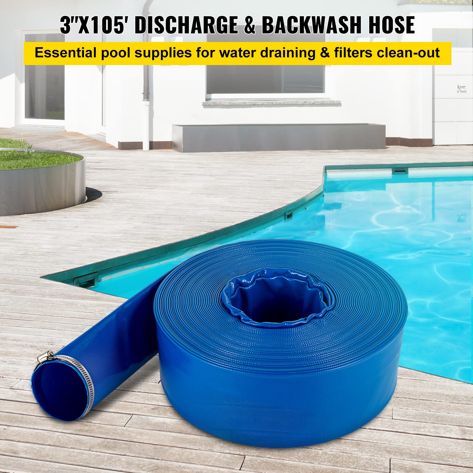 VEVOR Discharge Hose, 3" x 105', PVC Lay Flat Hose, Heavy Duty Backwash Drain Hose with Clamps, Weather-proof & Burst-proof, Ideal for Swimming Pool & Water Transfer, Blue