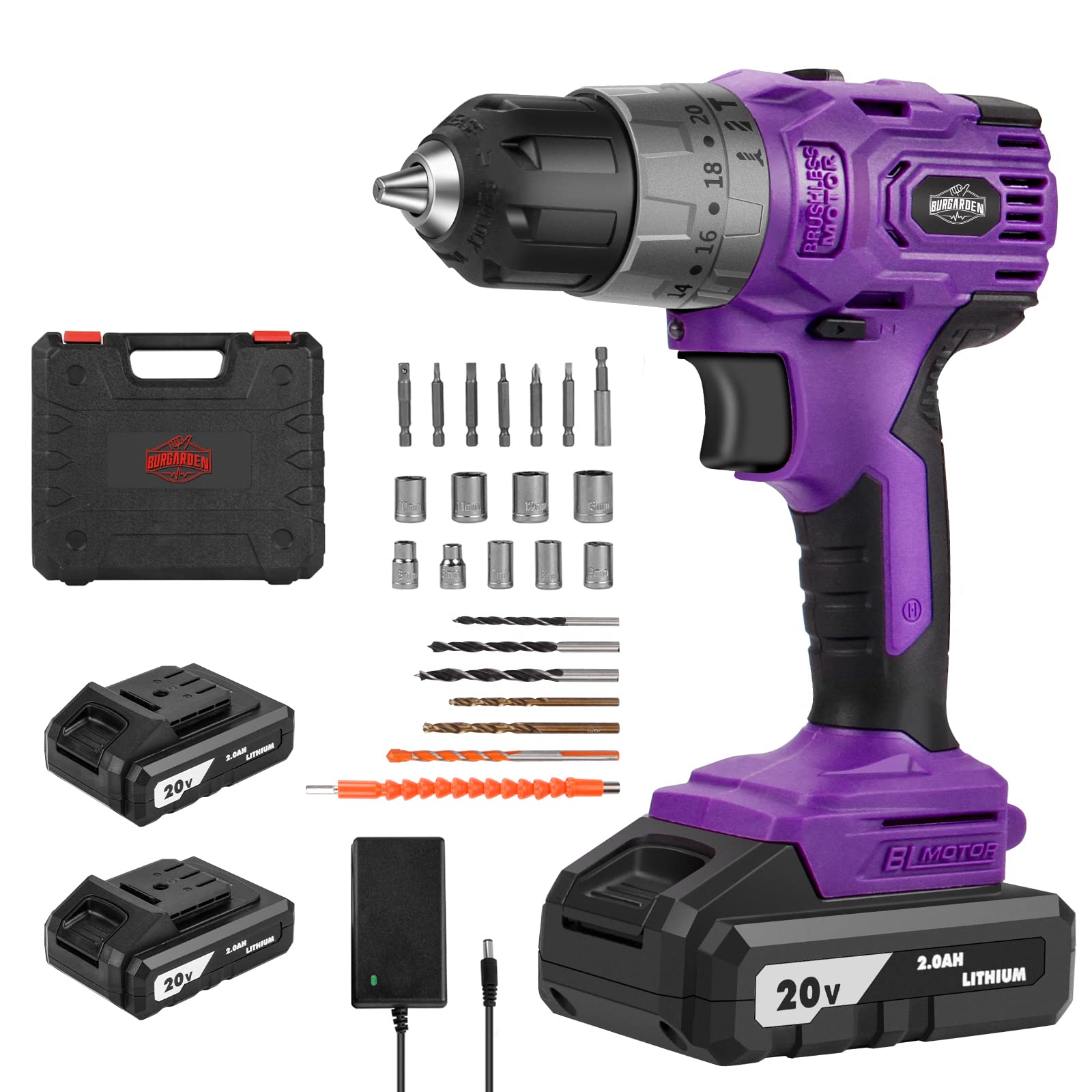 Brushless Cordless Drill Set, 20V Compact Power Drill Driver, Purple Brushless Electric Drill Motor, 20+3 Torque Setting, 48 N.m, 2 Variable Speed, 23pcs Drill/Driver Bits, with Tool Box