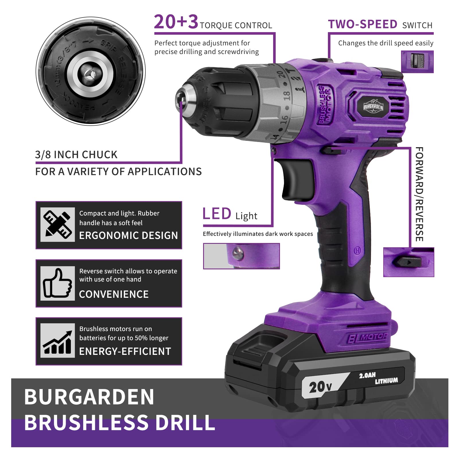 Brushless Cordless Drill Set, 20V Compact Power Drill Driver, Purple Brushless Electric Drill Motor, 20+3 Torque Setting, 48 N.m, 2 Variable Speed, 23pcs Drill/Driver Bits, with Tool Box