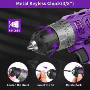 Brushless Cordless Drill Set, 20V Compact Power Drill Driver, Purple Brushless Electric Drill Motor, 20+3 Torque Setting, 48 N.m, 2 Variable Speed, 23pcs Drill/Driver Bits, with Tool Box