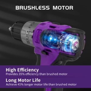 Brushless Cordless Drill Set, 20V Compact Power Drill Driver, Purple Brushless Electric Drill Motor, 20+3 Torque Setting, 48 N.m, 2 Variable Speed, 23pcs Drill/Driver Bits, with Tool Box