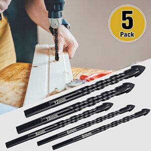 Masonry Drill Bit Set,5 Piece Tile Drill Bits Set, Carbide Tip for Concrete, Brick, Tile,Glass,Plastic and Wood with Size:6mm,6mm,8mm,10mm,12mm