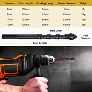 Masonry Drill Bit Set,5 Piece Tile Drill Bits Set, Carbide Tip for Concrete, Brick, Tile,Glass,Plastic and Wood with Size:6mm,6mm,8mm,10mm,12mm