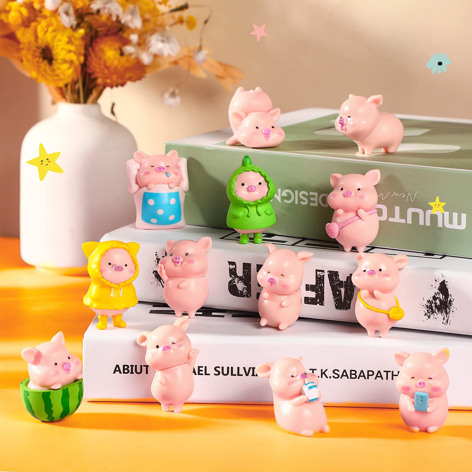 13 Pieces Cute Pink Piggy Miniature Figurines Pig Cake Toppers Mini Resin Pig Figurines Toys Garden Miniature Moss Landscape DIY Terrarium Crafts for Garden Decoration, Home Party Supplies