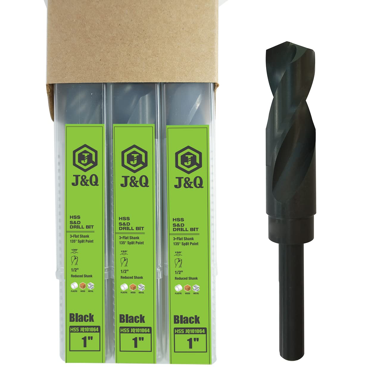 J&Q 1" Silver and Deming Drill Bit, 3 PCS HSS Reduced Shank Drill Bits, 3-Flat 1/2” Shank, Black Oxide Finish Large Drill Bits for Steel, Copper, Aluminum, 135 Degrees Split Point