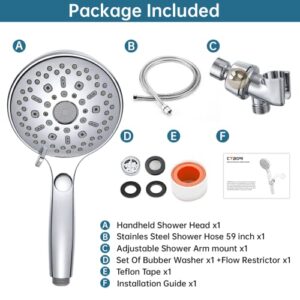 CTBOM 4.8" High Pressure Shower Head, 12 Spray Mode Handheld High Flow Rain Shower Head Anti-clog Nozzles with 60" Stainless Steel Hose and Adjustable Bracket, Detachable and Hydro jet 2.5GPM Chrome