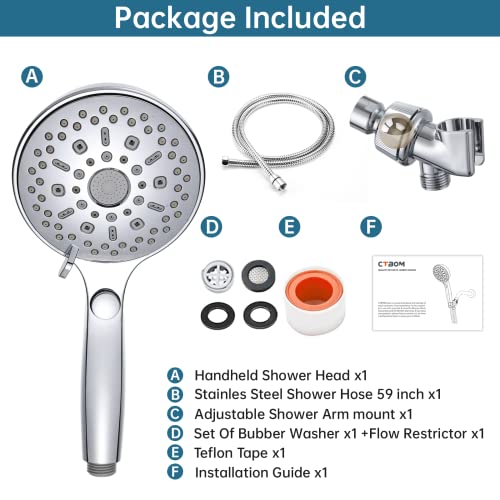 CTBOM 4.8" High Pressure Shower Head, 12 Spray Mode Handheld High Flow Rain Shower Head Anti-clog Nozzles with 60" Stainless Steel Hose and Adjustable Bracket, Detachable and Hydro jet 2.5GPM Chrome