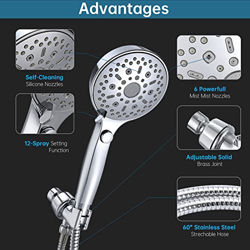 CTBOM 4.8" High Pressure Shower Head, 12 Spray Mode Handheld High Flow Rain Shower Head Anti-clog Nozzles with 60" Stainless Steel Hose and Adjustable Bracket, Detachable and Hydro jet 2.5GPM Chrome