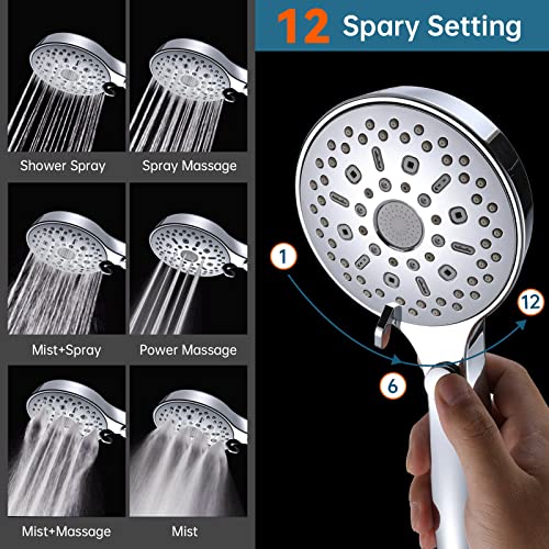 CTBOM 4.8" High Pressure Shower Head, 12 Spray Mode Handheld High Flow Rain Shower Head Anti-clog Nozzles with 60" Stainless Steel Hose and Adjustable Bracket, Detachable and Hydro jet 2.5GPM Chrome