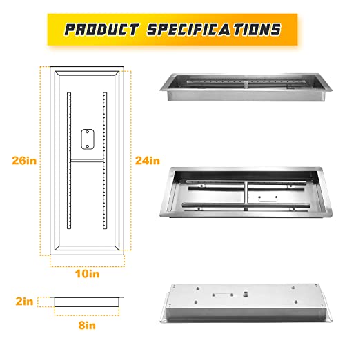 CLLVGOKD 24“ x 8" Rectangular Fire Pit Burner Stainless Steel Drop-in Fire Pit Pan with H Burner Propane/Natural Gas Fire Pit Kit DIY for Living Rooms, Backyards, Pools and Lounges