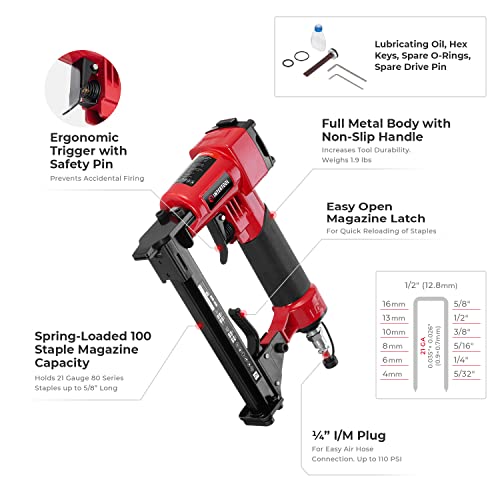 INTERTOOL Pneumatic 21 Gauge 8016 Upholstery Furniture Staple Gun, Air-Powered Fine Wire Woodworking Stapler, Metal Body with Case, 1/2-inch Wide Crown, 5/32-inch up to 5/8-inch Staples PT08-1610