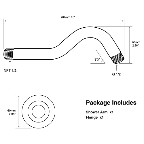 8-inch S-Shape Curved Shower Arm with Flange, Stainless Steel Top Shower Head Extension Replacement, Wall Mounted,Matte Black