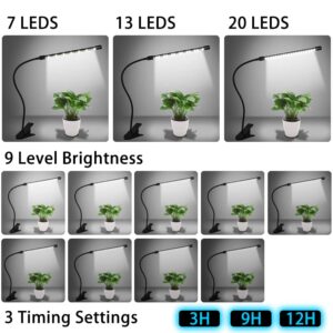 LONSRIVE Grow Lights for Indoor Plants Growing, 6500K White LED Grow Lamp, 9 Dimmable Settings for Indoor Plants with White Spectrum, Adjustable Gooseneck, 3/9/12H Timer