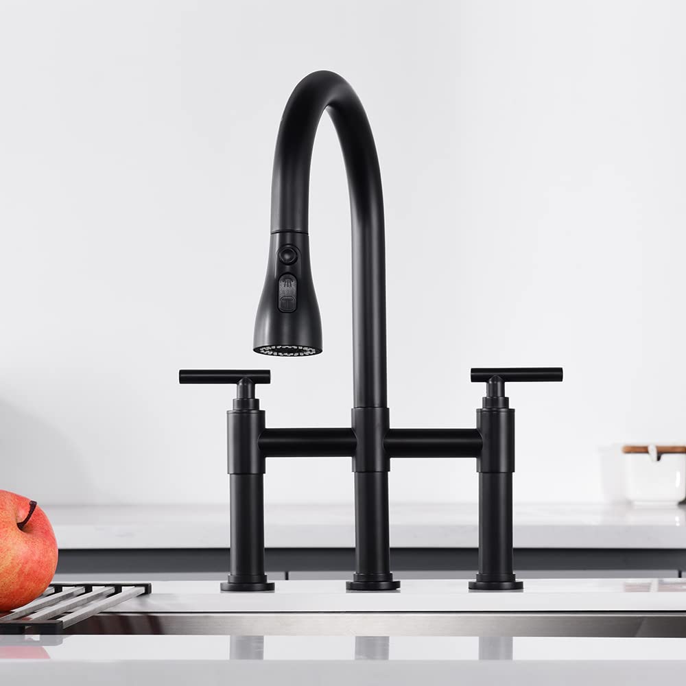 ARRISEA Matte Black Bridge Kitchen Faucet with 3 Mode Pull-Down Sprayer 2 Handle 8 Inch Faucet for Kitchen Sinks 3 Hole Kitchen Sink Faucet, Fingerprint Resistant Spot Free BL-BKF-15108BK