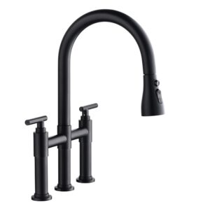 ARRISEA Matte Black Bridge Kitchen Faucet with 3 Mode Pull-Down Sprayer 2 Handle 8 Inch Faucet for Kitchen Sinks 3 Hole Kitchen Sink Faucet, Fingerprint Resistant Spot Free BL-BKF-15108BK