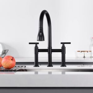 ARRISEA Matte Black Bridge Kitchen Faucet with 3 Mode Pull-Down Sprayer 2 Handle 8 Inch Faucet for Kitchen Sinks 3 Hole Kitchen Sink Faucet, Fingerprint Resistant Spot Free BL-BKF-15108BK