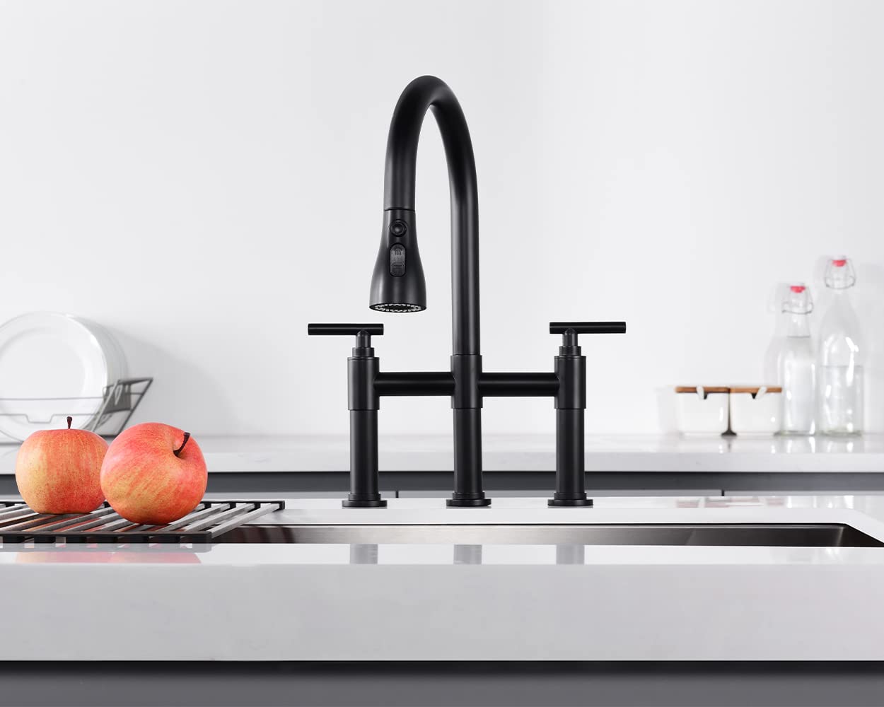 ARRISEA Matte Black Bridge Kitchen Faucet with 3 Mode Pull-Down Sprayer 2 Handle 8 Inch Faucet for Kitchen Sinks 3 Hole Kitchen Sink Faucet, Fingerprint Resistant Spot Free BL-BKF-15108BK